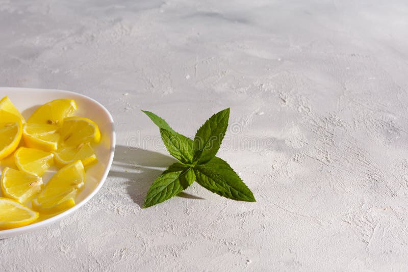 A White Plate with Sliced Lemons and a Sprig of Fresh Mint on a White ...