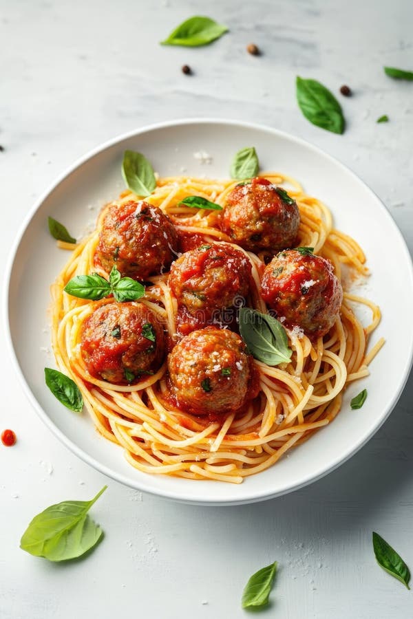 White Plate with Spaghetti and Meatballs Stock Image - Image of cuisine ...