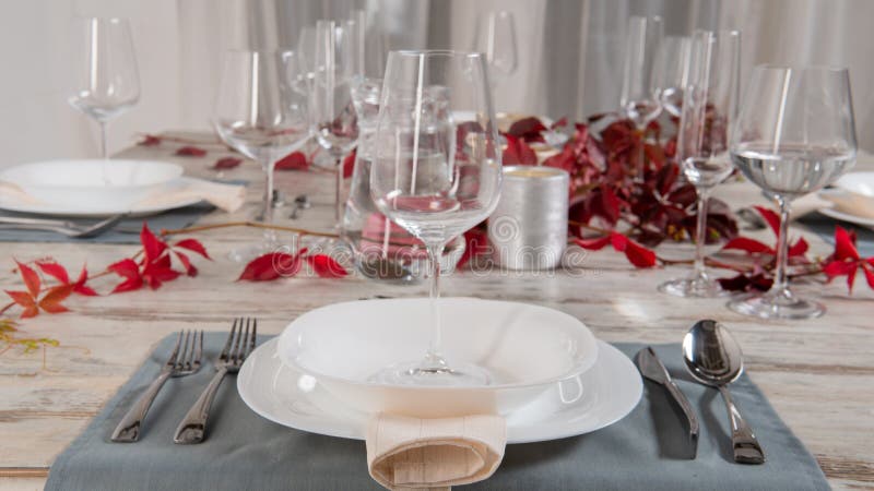White Plate Table Setting on Wooden Table. Stock Image - Image of ...