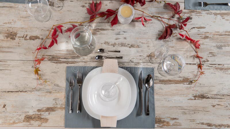 White Plate Table Setting on Wooden Table. Stock Photo - Image of ...