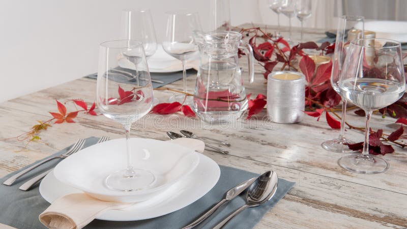 White Plate Table Setting on Wooden Table. Stock Image - Image of ...