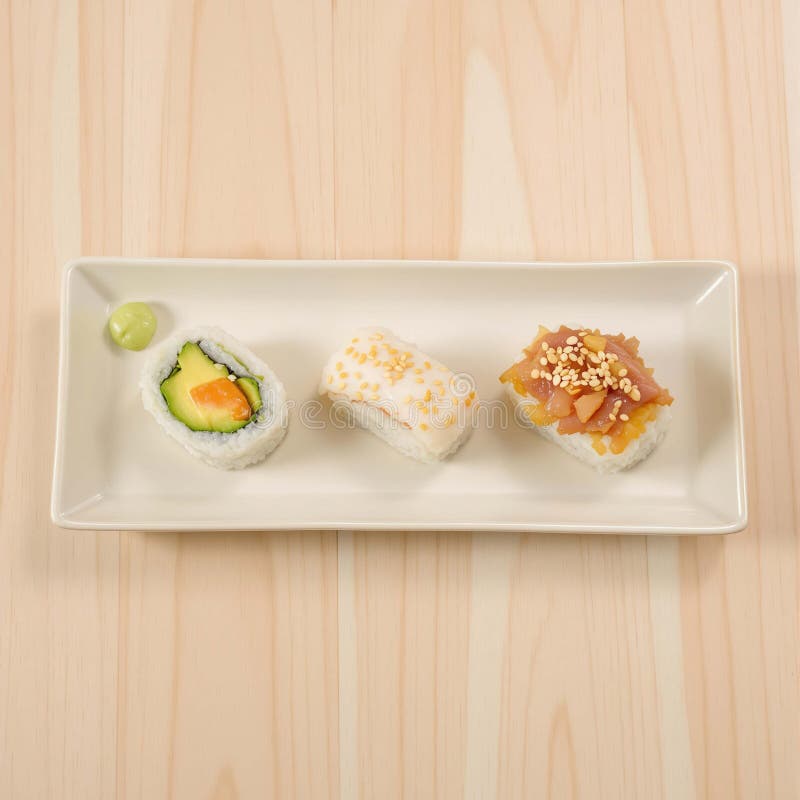 A White Plate with Three Different Types of Sushi Stock Illustration ...