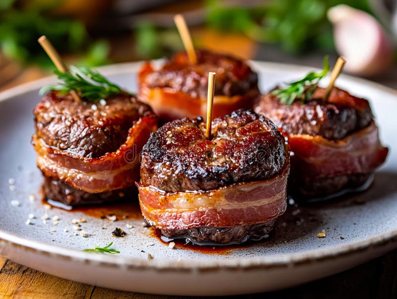 A White Plate Topped with Bacon Wrapped Meat on Top of a Wooden Table ...