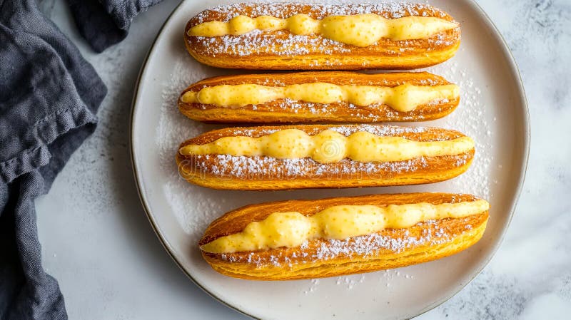 A White Plate Topped with Four Eclairs Covered in Powdered Sugar Stock ...