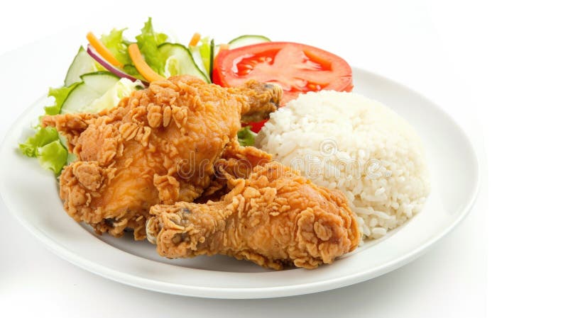 A White Plate Topped with Fried Chicken and Rice Stock Image - Image of ...