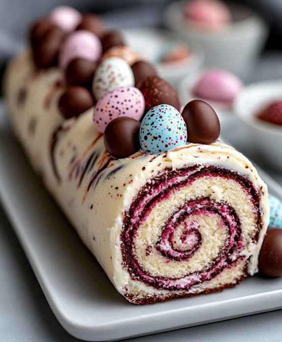 A White Plate Topped with a Roll Covered in Chocolate and Decorated ...
