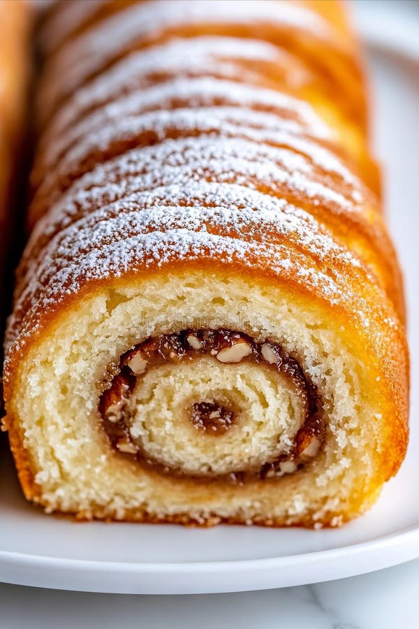 A White Plate Topped with a Roll Covered in Powdered Sugar Stock Photo ...