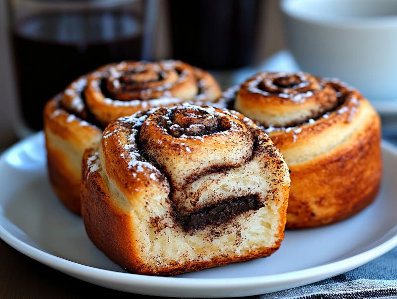 A White Plate Topped with Three Cinnamon Rolls Covered in Powdered ...