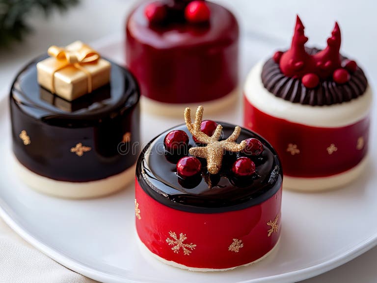 A White Plate Topped with Three Small Cakes Covered in Red and Black ...