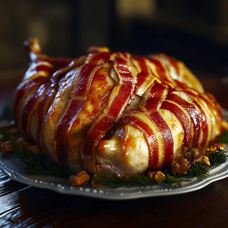A White Plate Topped with a Turkey Covered in Bacon Stock Photo - Image ...