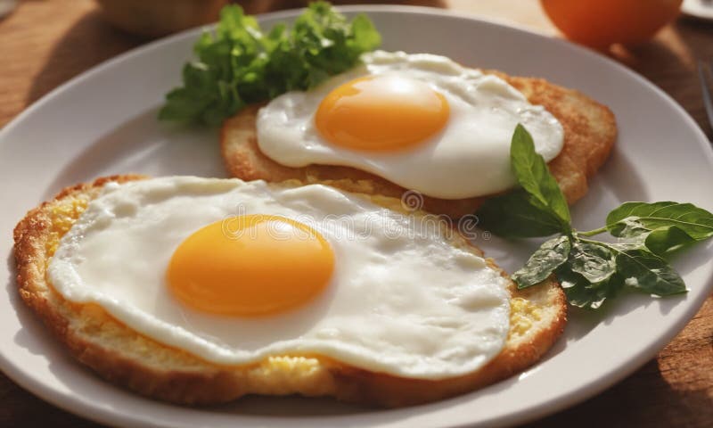 A White Plate with Two Fried Eggs on Top of Toast, Creating a Classic Breakfast Dish. Stock ...