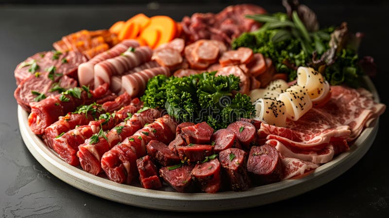 A White Plate with a Variety of Meats and Vegetables. Stock Photo ...