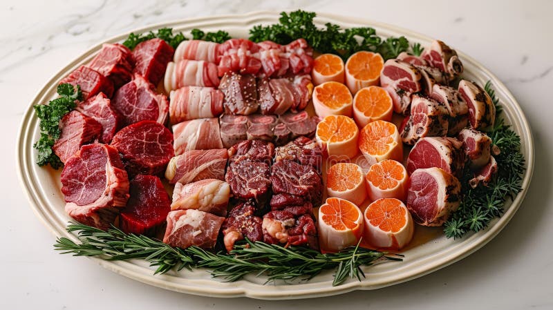 A White Plate with a Variety of Meats and Vegetables. Stock Image ...