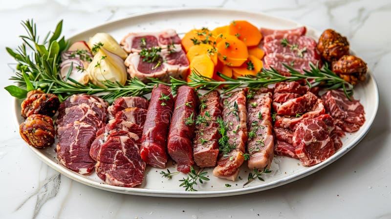 A White Plate with a Variety of Meats and Vegetables. Stock Photo ...