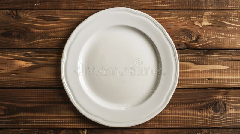 A White Plate on a Wooden Table with Wood Grain, AI Stock Image - Image ...