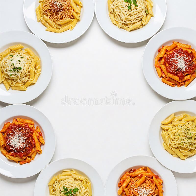 Different Types of Pasta in a Plate on a White Background, Top View ...