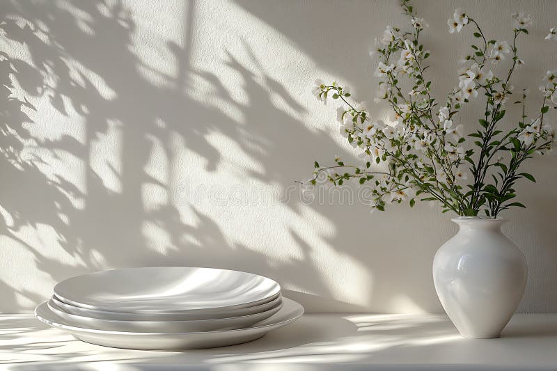 White Plates Flowers Vase Minimalist Still Life Stock Illustration ...