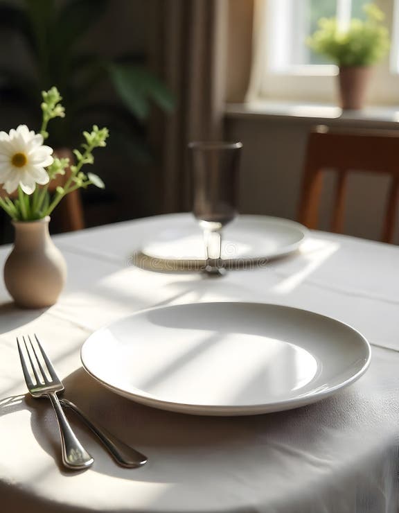 White Plates and Silverware Tilted, Dinnerware Plates at Table, Kitchen ...