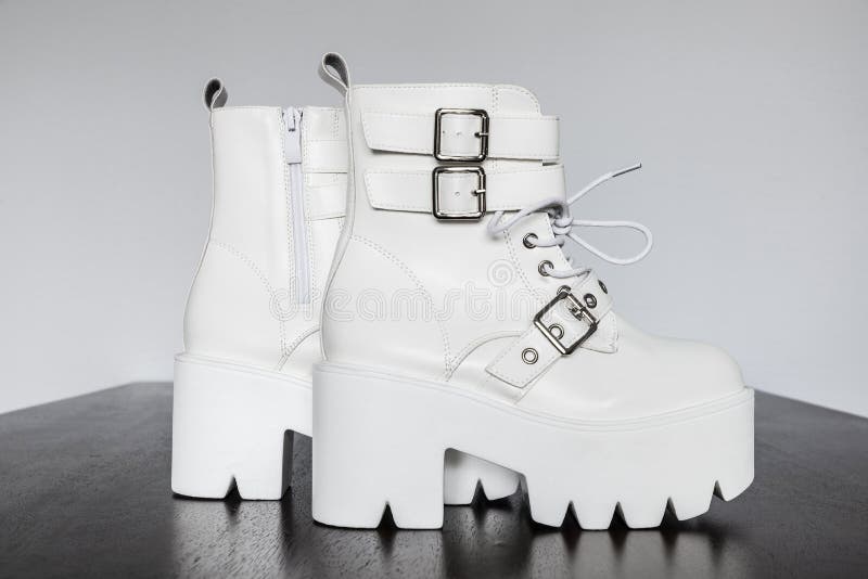 White Platform Boots with Buckles and Laces Stock Image - Image of lace ...