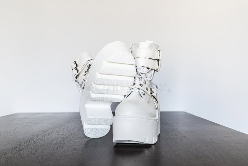 White Platform Boots with Buckles and Laces Stock Photo - Image of ...