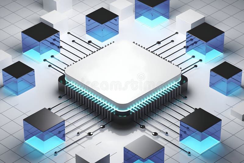 White Platform with Glowing Edges, Translucent Cubes Enhance Tech ...