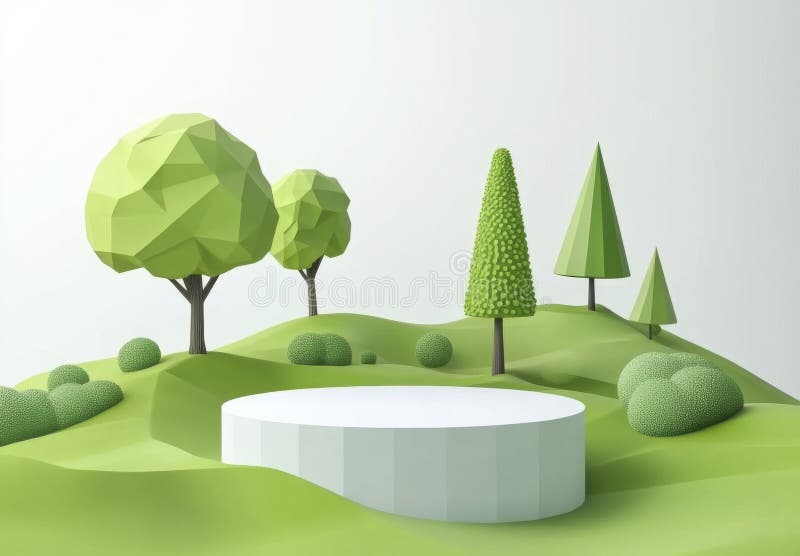 White Platform in Low Poly Green Landscape Stock Illustration ...