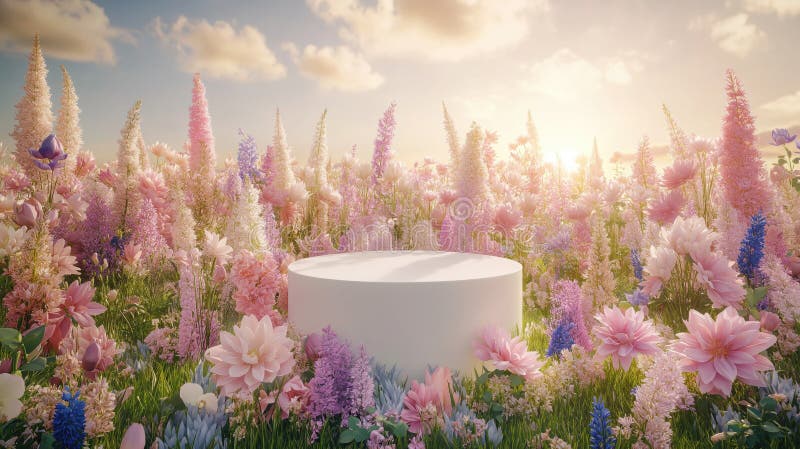 White Platform in Lush Blooming Flower Field at Sunset Stock Photo ...