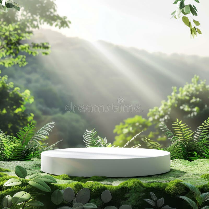 White Platform in Lush Forest Clearing with Sunlight Rays Stock ...