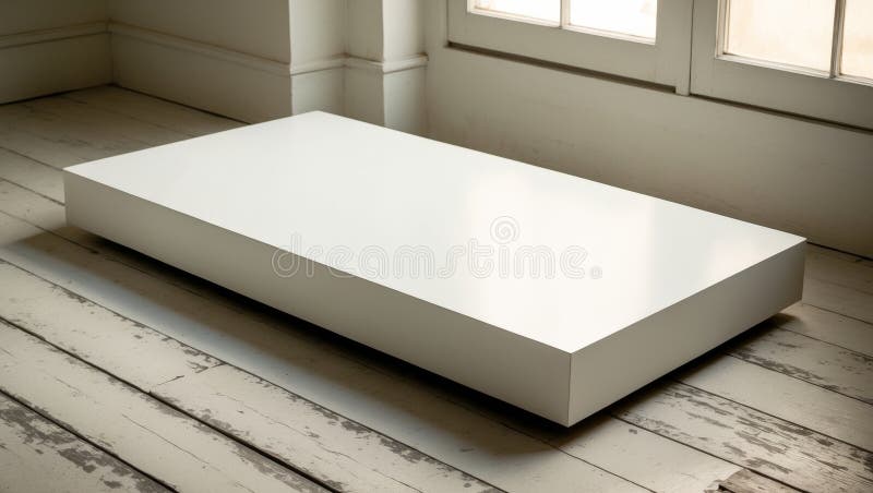 White Platform on Rustic Wooden Floor with Light through Window. Stock ...