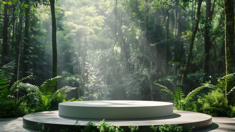 White Platform in Sunlit Lush Forest with Ferns Stock Illustration ...