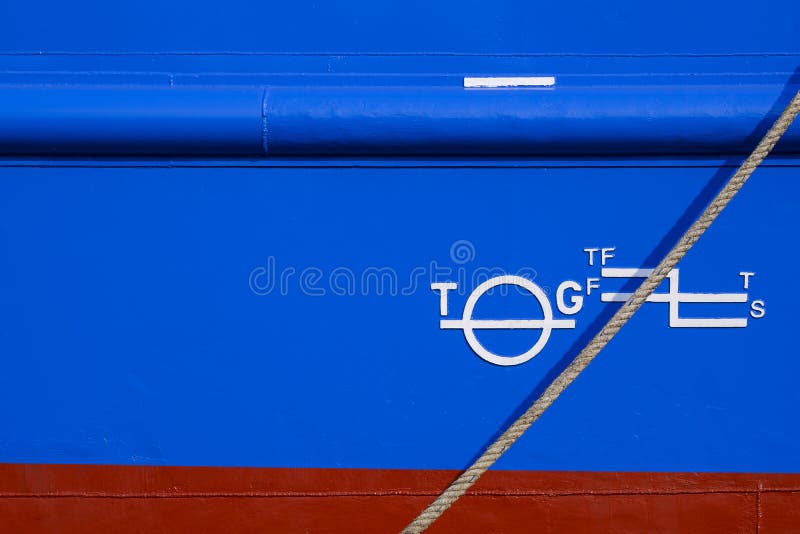 White Plimsoll Mark On Blue And Red Rustproof Steel Hull Surface Of ...