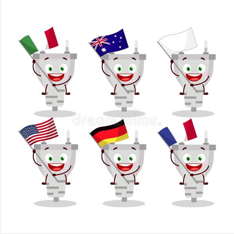 White Plug Cartoon Character Bring the Flags of Various Countries Stock ...