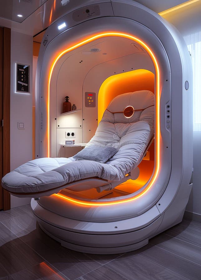 White Pod with Bed Inside and Orange Lights Around the Outside Stock ...
