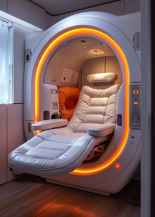 White Pod with White Bed and Round Window with Orange Light Stock Image ...