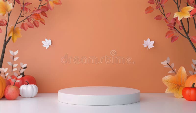 White Podium with Fall Foliage and Pumpkins Stock Image - Image of ...