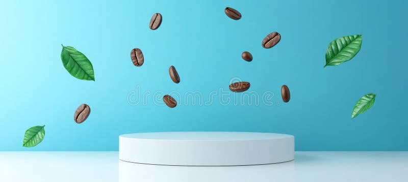 White Podium with Falling Coffee Beans and Green Leaves on a Blue ...
