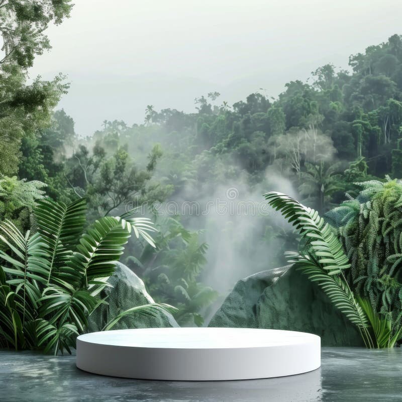 White Podium in a Misty Tropical Jungle Setting Stock Illustration ...