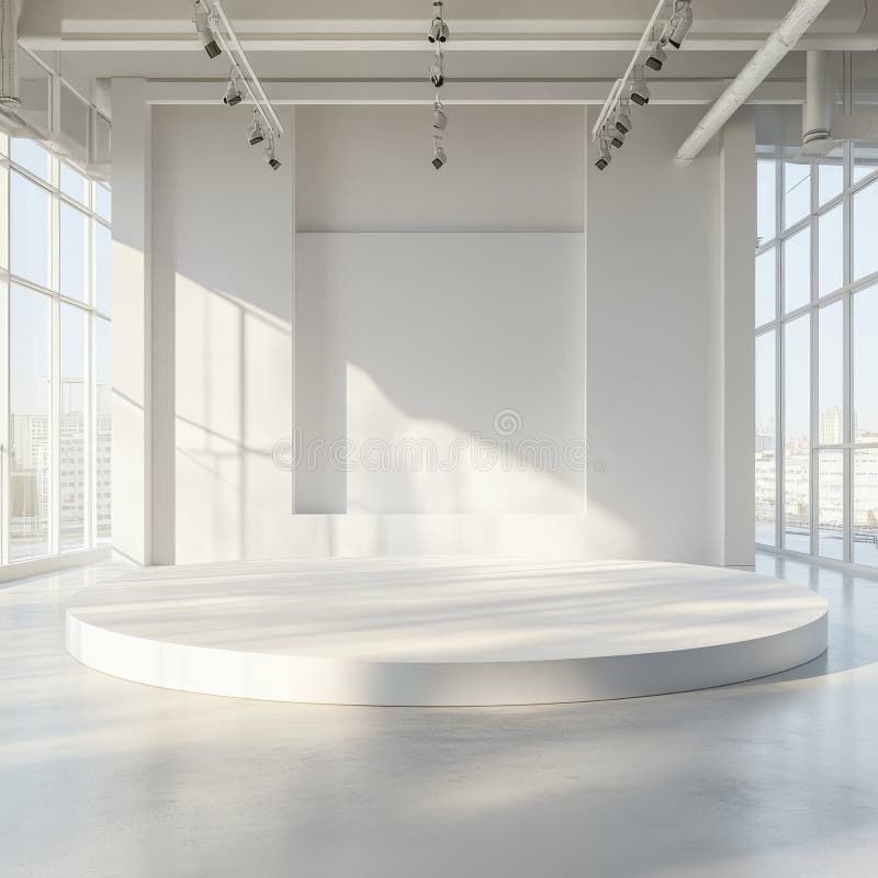 White Podium in Modern Interior with White Walls and Concrete Floor. 3d ...