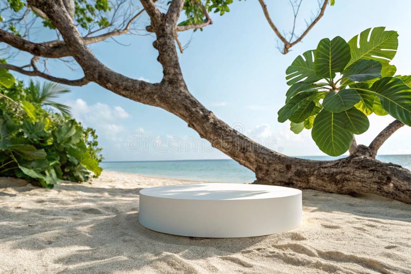 A White Podium in Round-Shaped Displayed on the Sand with a Big Tree ...