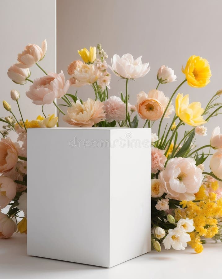 A White Podium Surrounded by Vibrant Spring Flowers Stock Image - Image ...