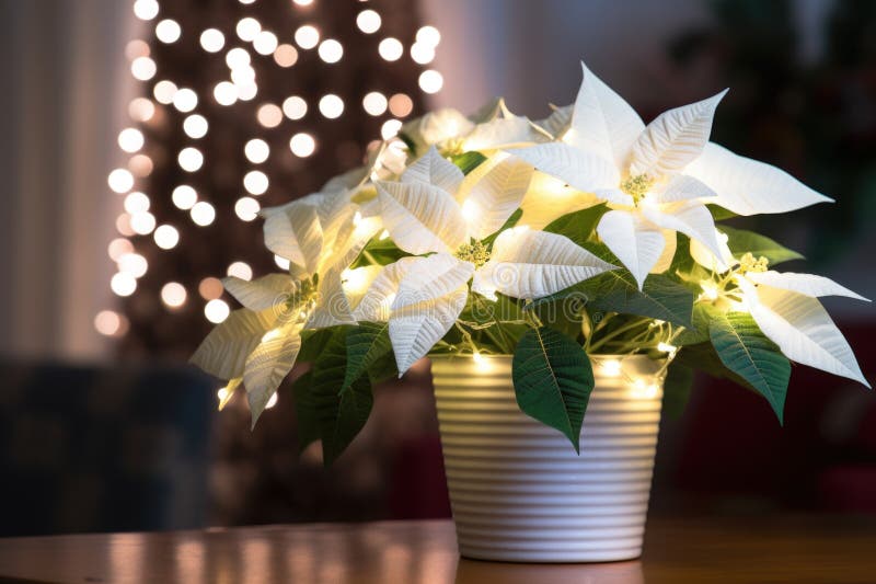White Poinsettia Plant in Metallic Pot with String Lights in the ...