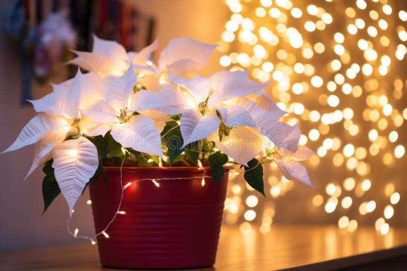 White Poinsettia Plant in Metallic Pot with String Lights in the ...