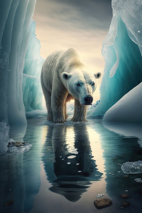 White Polar Bear on Melted Glacier Puddle and Icicles in North Pole ...