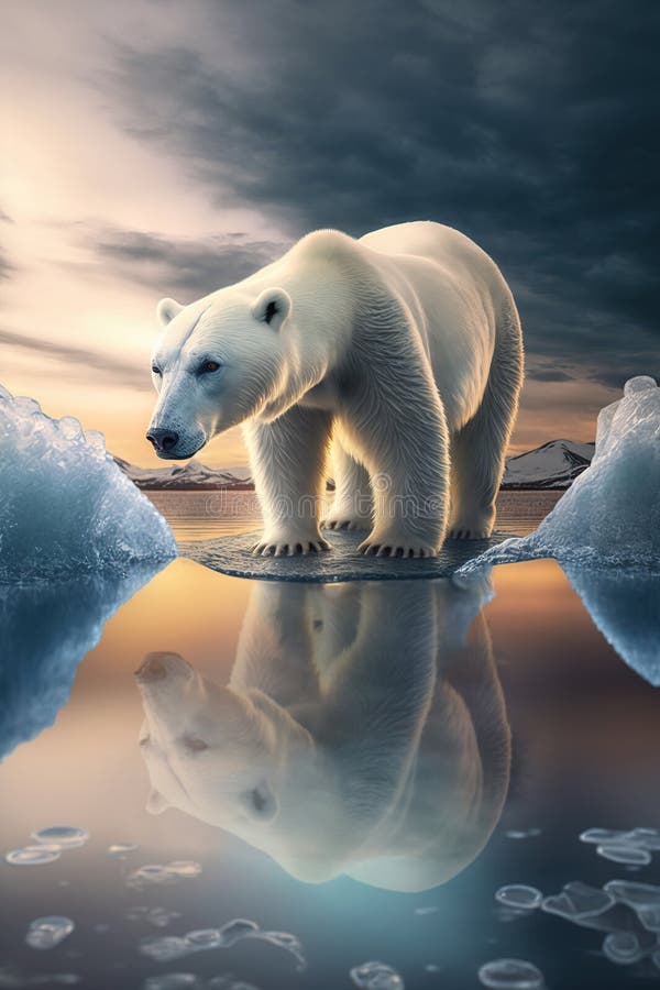 White Polar Bear on Melted Glacier Puddle and Icicles in North Pole ...