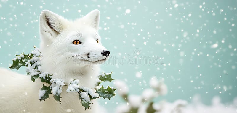 A White Polar Fox with Mistletoe Around Its Neck on a Wintery Mint ...