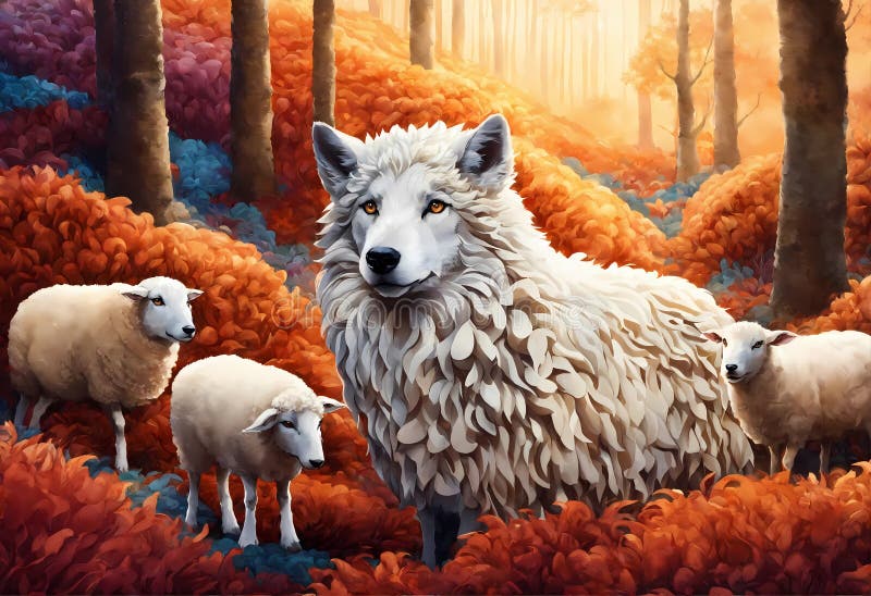 Wolf in Sheep S Clothing among a Flock of Lambs on Highlands Pasture ...