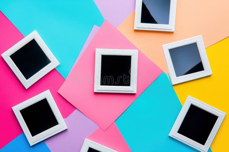 Scattered White Polaroid Frames on a Vibrant Flat Surface with Colorful ...