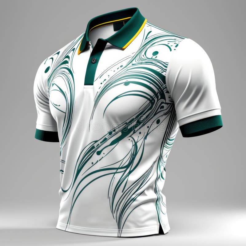 White Polo Shirt with Green and Black Abstract Design. Stock ...