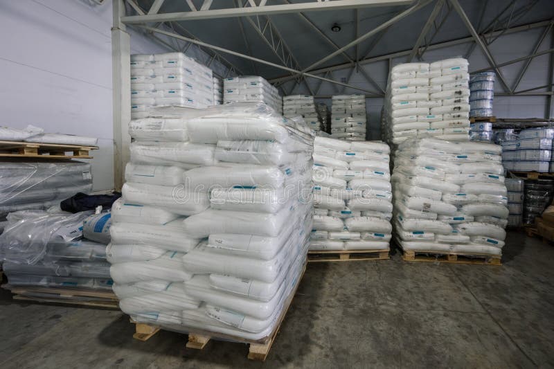 White Polyethylene Bags with Factory Products in Warehouse Stock Photo ...