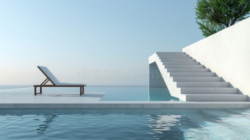 A White Pool with a Wooden Chair Stock Image - Image of deck, home ...